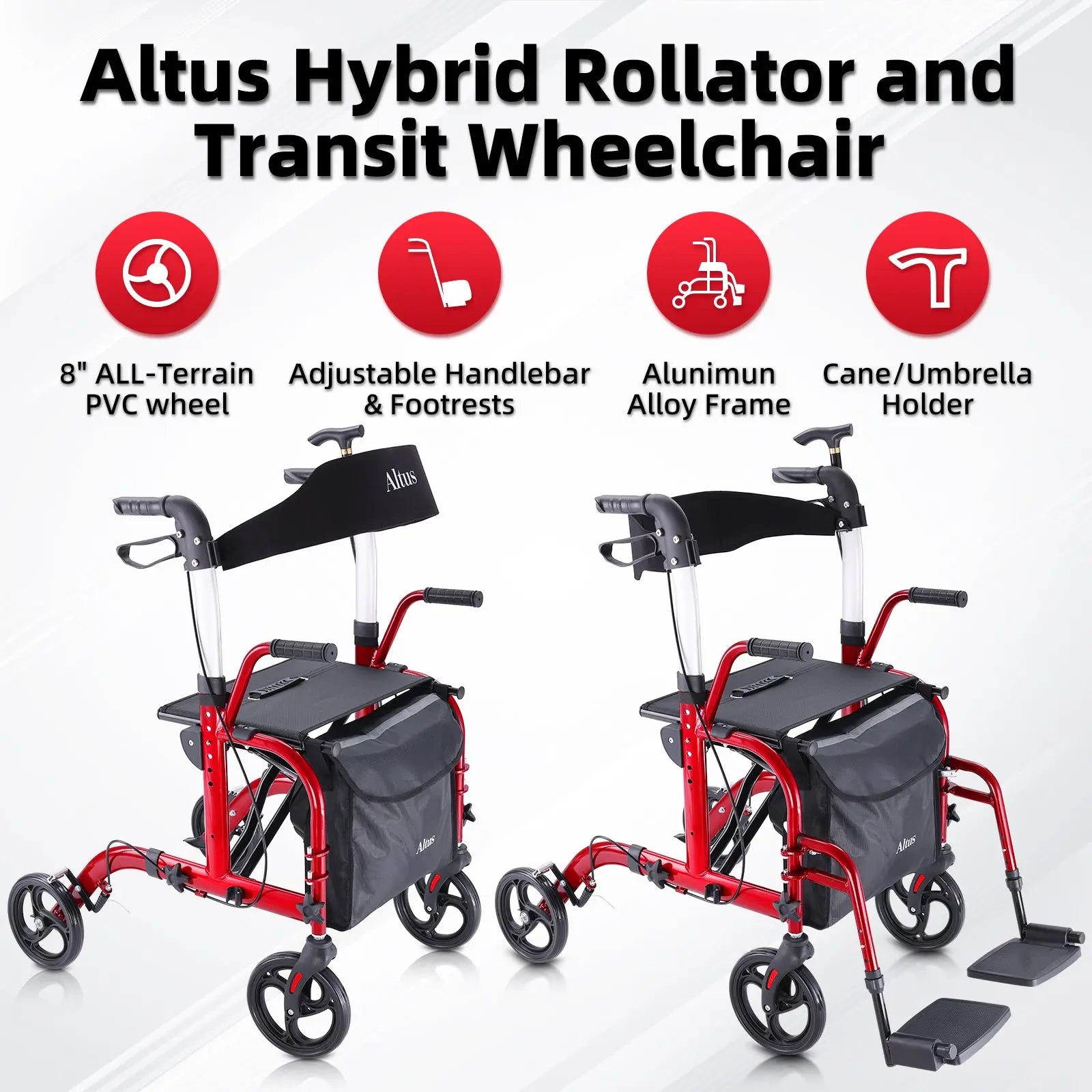 Altus 2-in-1 Mobility Rollator and Transit Wheelchair Combo with Seat ...