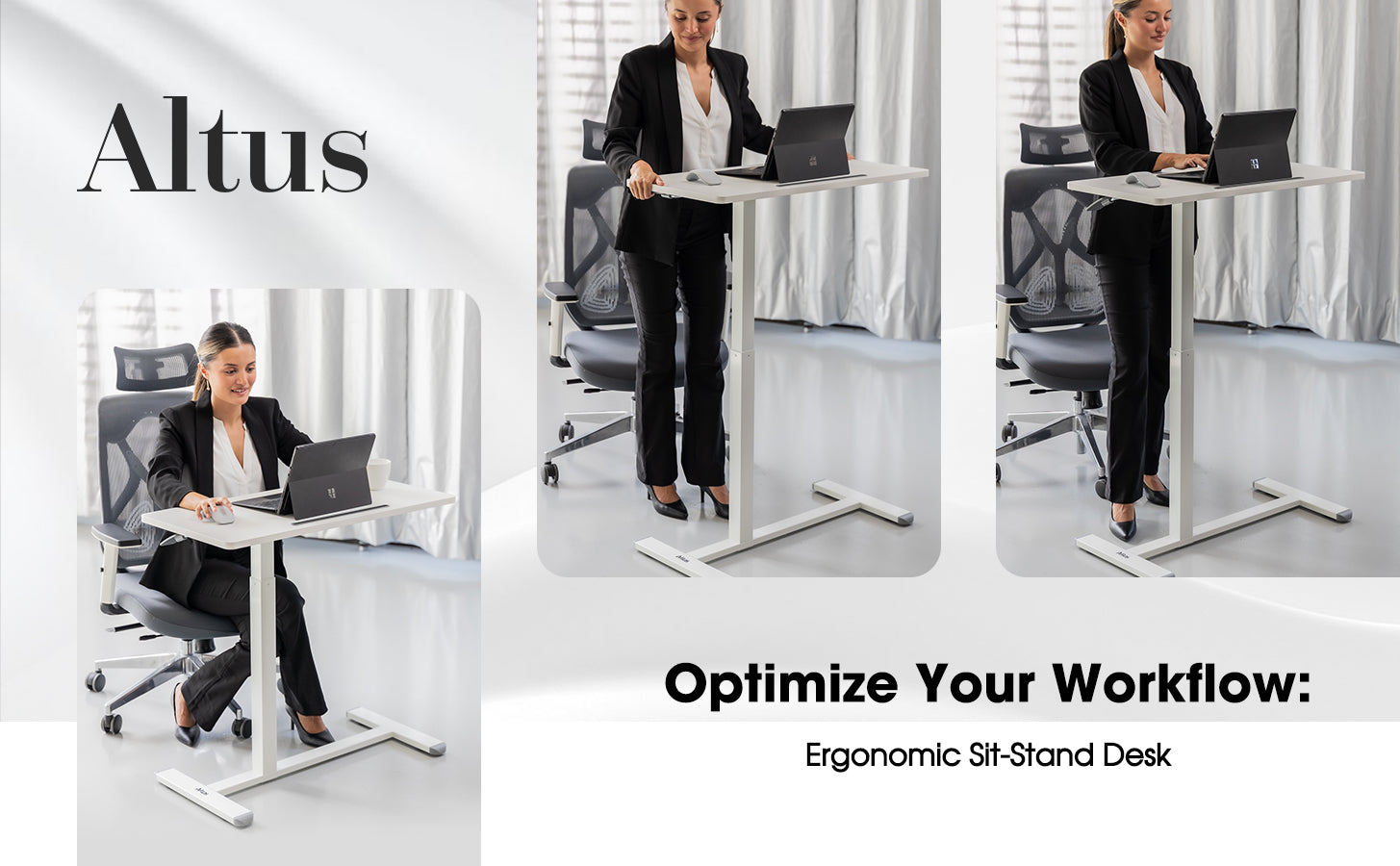 Altus Mobile Standing Desk with Wheels Pneumatic Overbed Table White ...